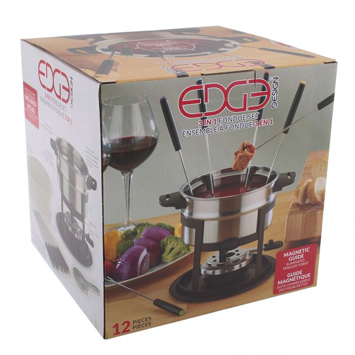 EDGE DESIGN 12 PIECE 3-IN-1 STAINLESS STEEL FONDUE SET W/ MAGNETIC FOR